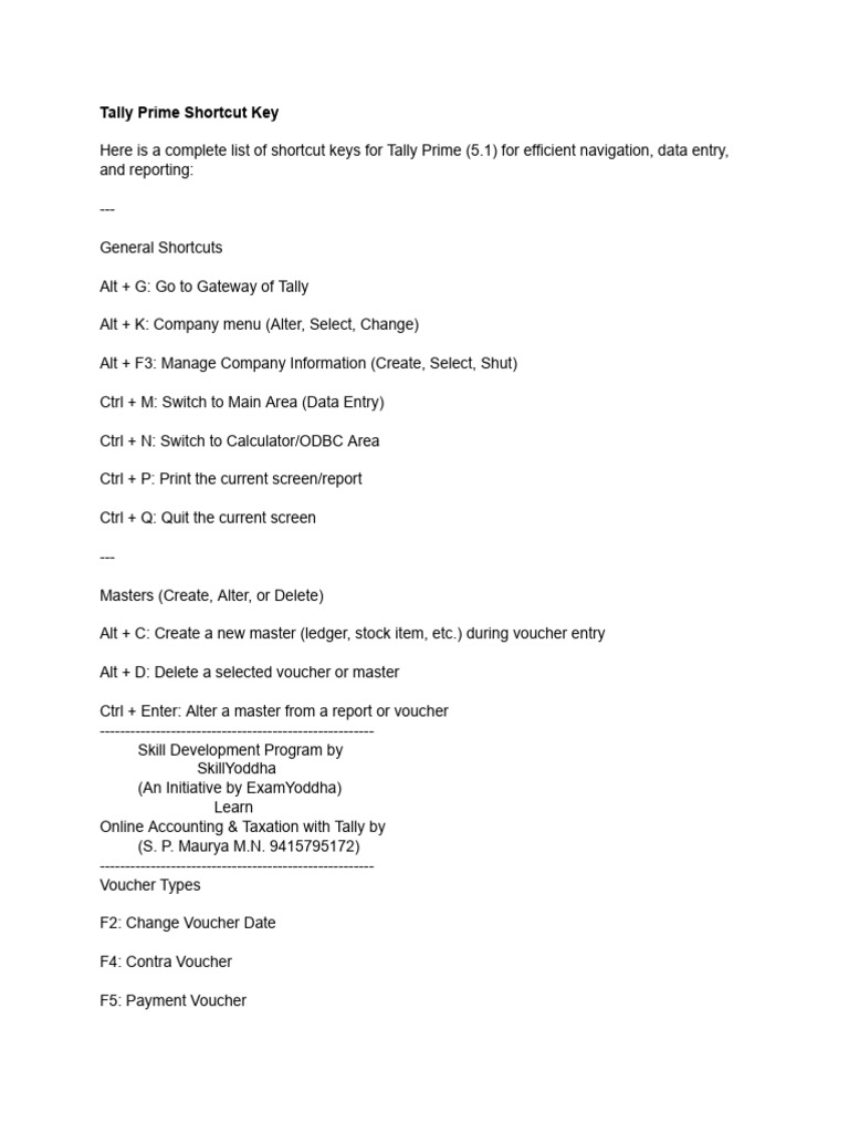 Tally Prime Shortcut Key | PDF