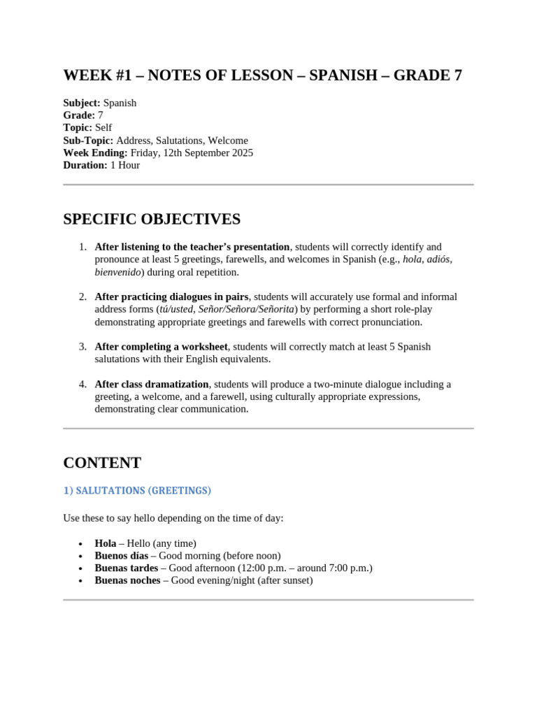 Spanish Greetings and Addresses for 7th Grade | PDF | Spanish Language ...