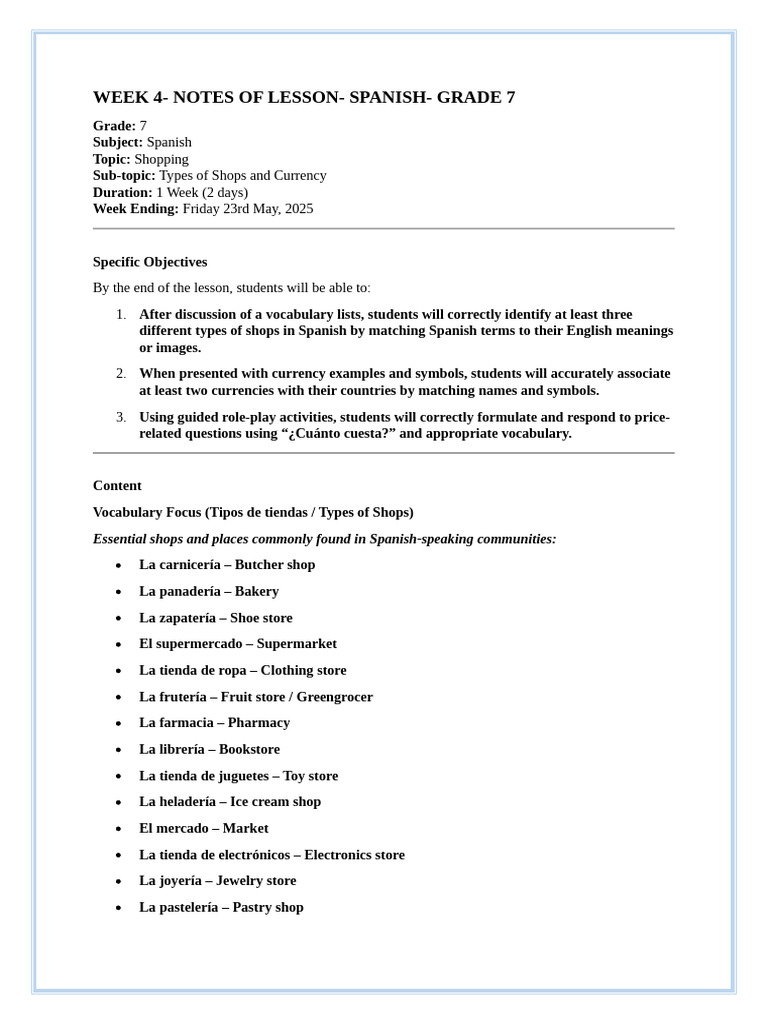 Week 4 - Notes of Lesson - Spanish - Grade 7 | PDF | Vocabulary | Euro