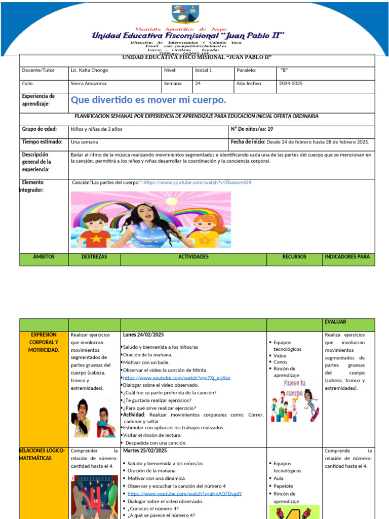 Planificación Semanal Educación Inicial | PDF | Salón de clases ...