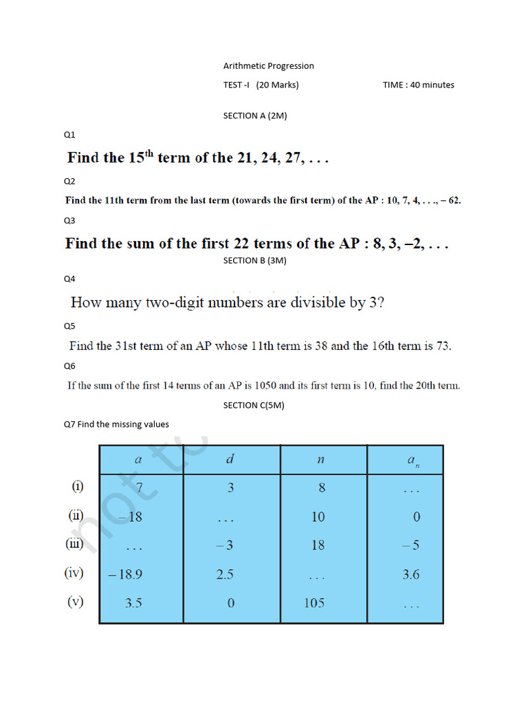 Arithmetic Progression TEST 1 | PDF