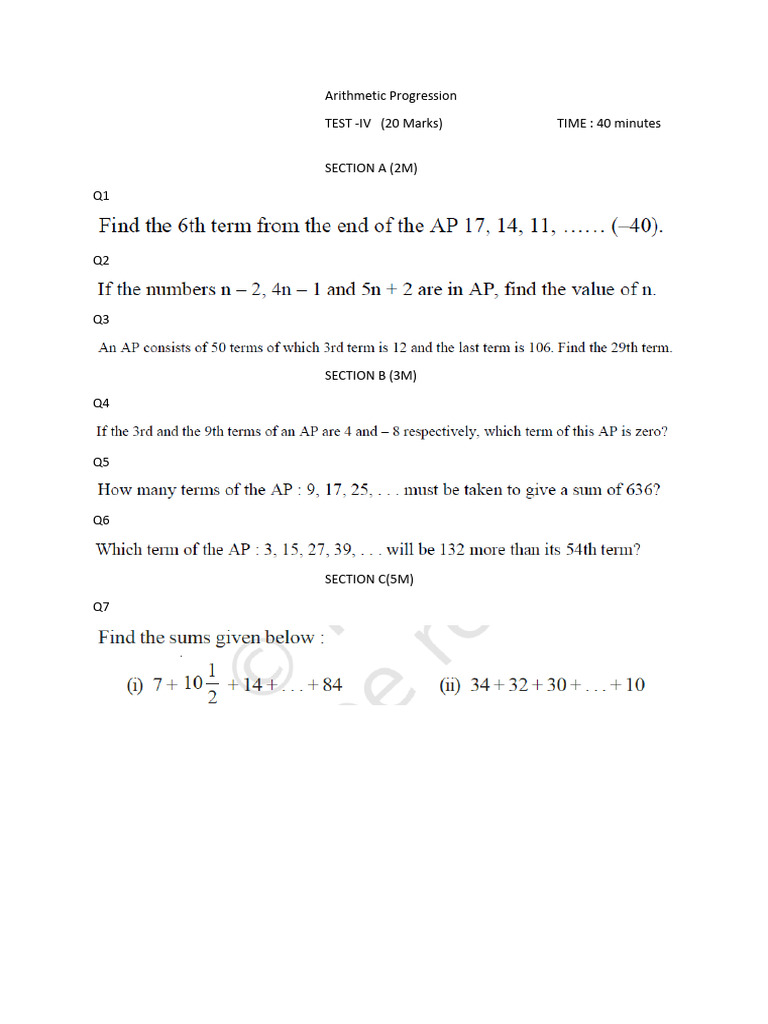 Arithmetic Progression Test 4 Pdf