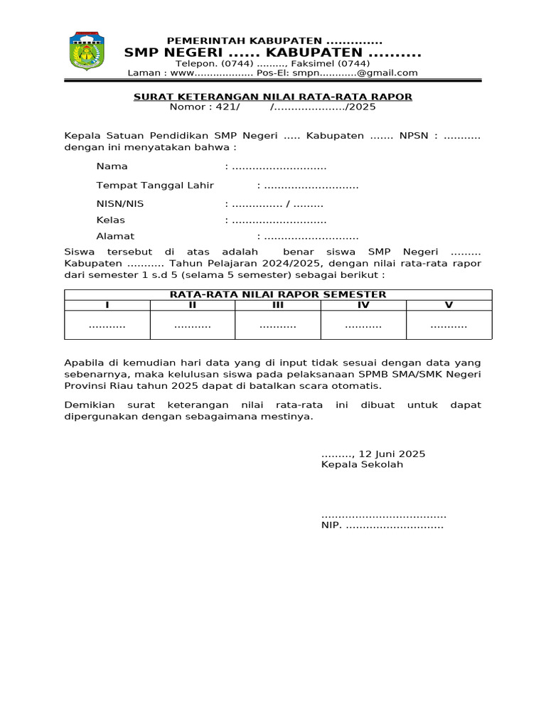 Format Surat Keterangan Rata-Rata Rapor | PDF