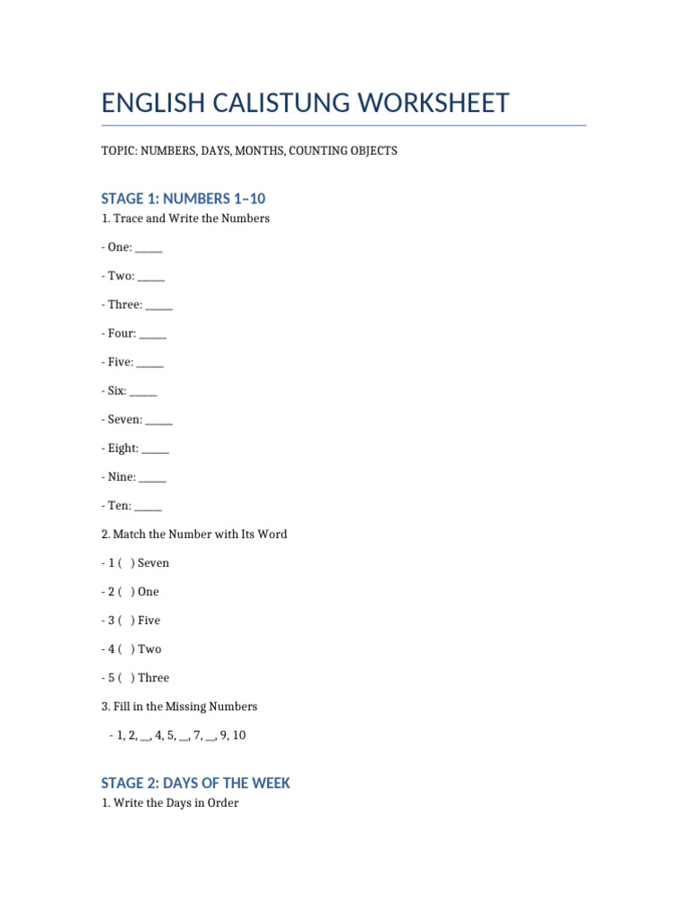 English Calistung Worksheet | PDF