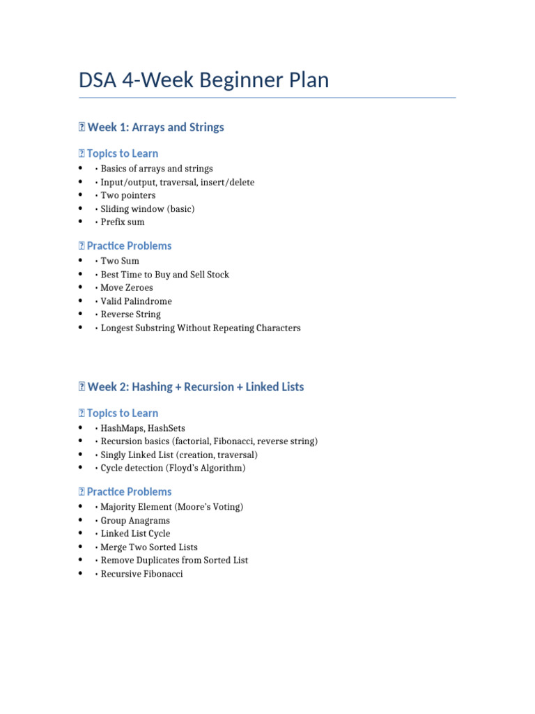 DSA 4 Week Beginner Plan | PDF