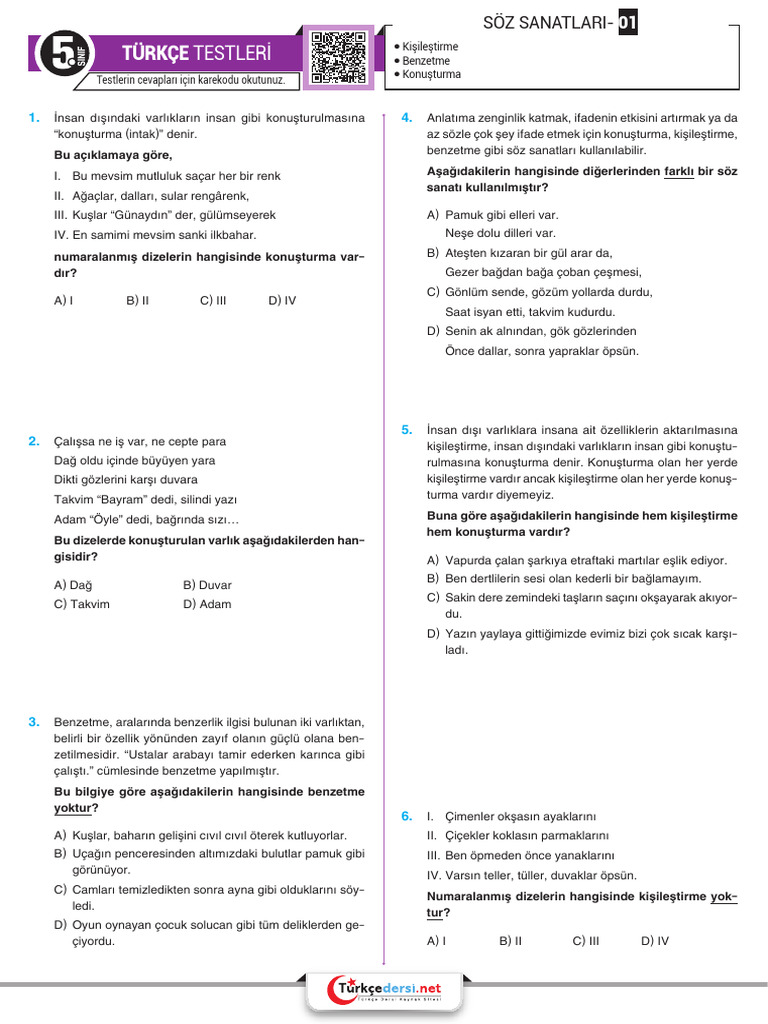 Sinif Indirilebilir Testler Soz Sanatlari 01 | PDF