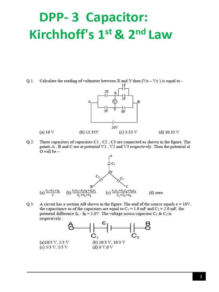 DPP-3 Capacitor - Kirchhoff's 1st & 2nd Law | PDF | Capacitor | Series And Parallel Circuits
