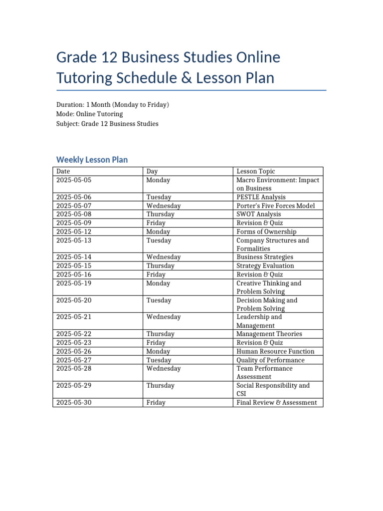 Grade 12 Business Studies Lesson Plan | PDF
