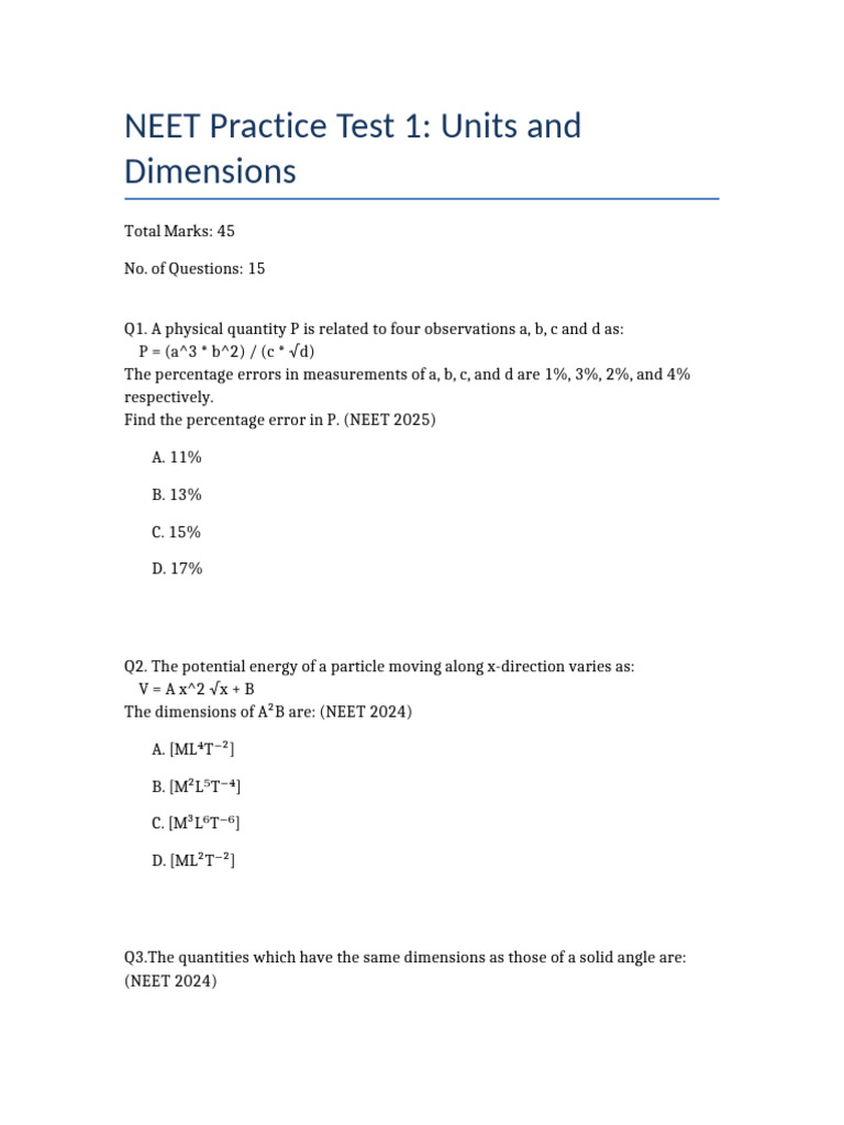 NEET Practice Test: Units & Dimensions | PDF | Classical Mechanics ...