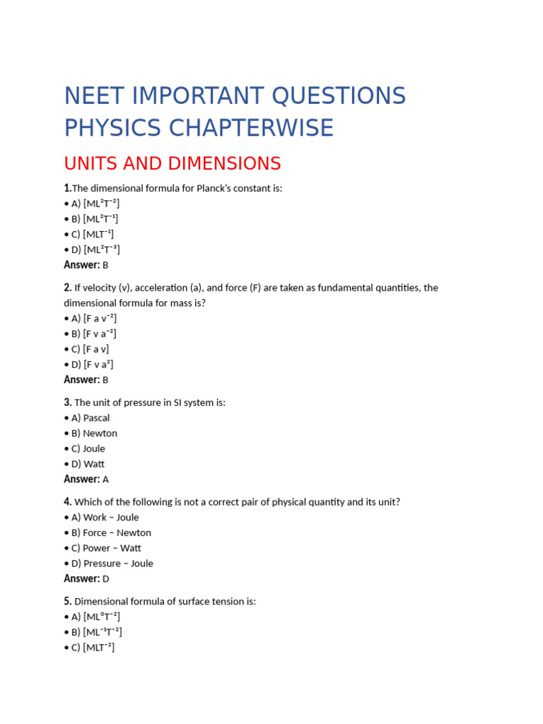 NEET Physics Important Questions Guide | PDF | Deformation (Engineering ...