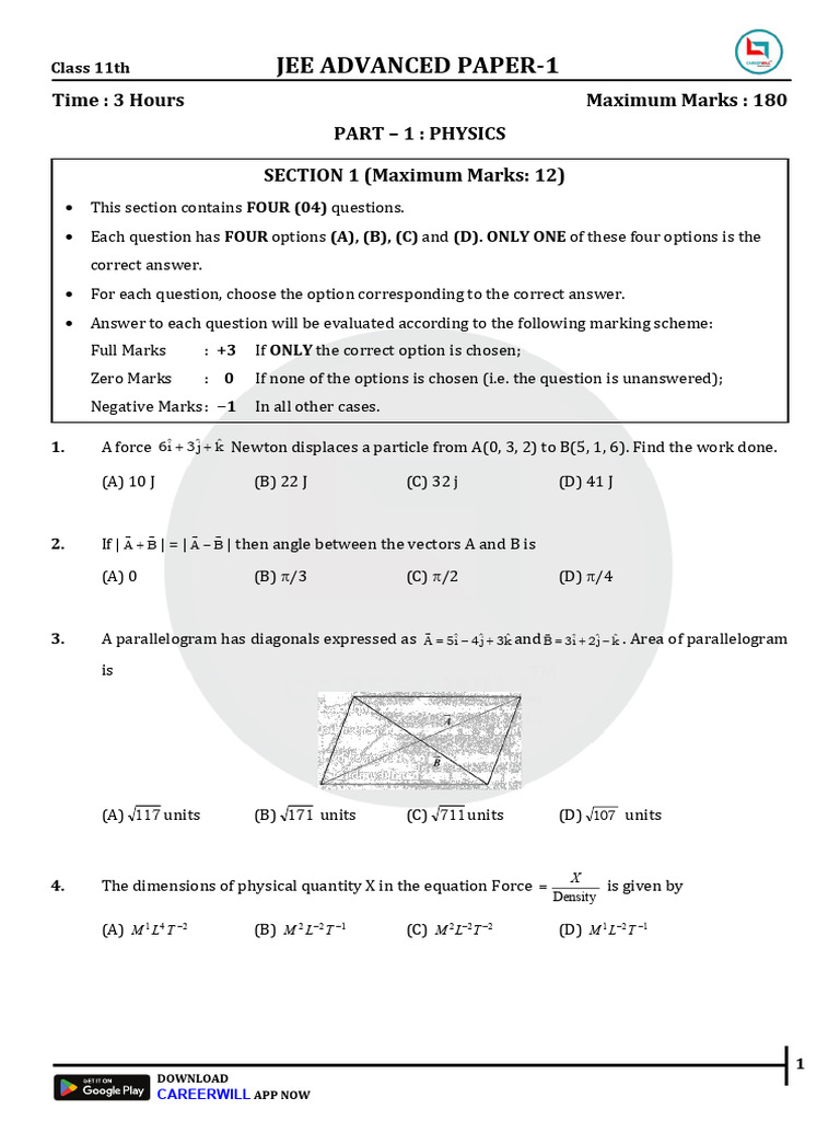 JEE Advanced Test - 02 (Paper - 01) 22-Jun-2025 | PDF | Euclidean ...