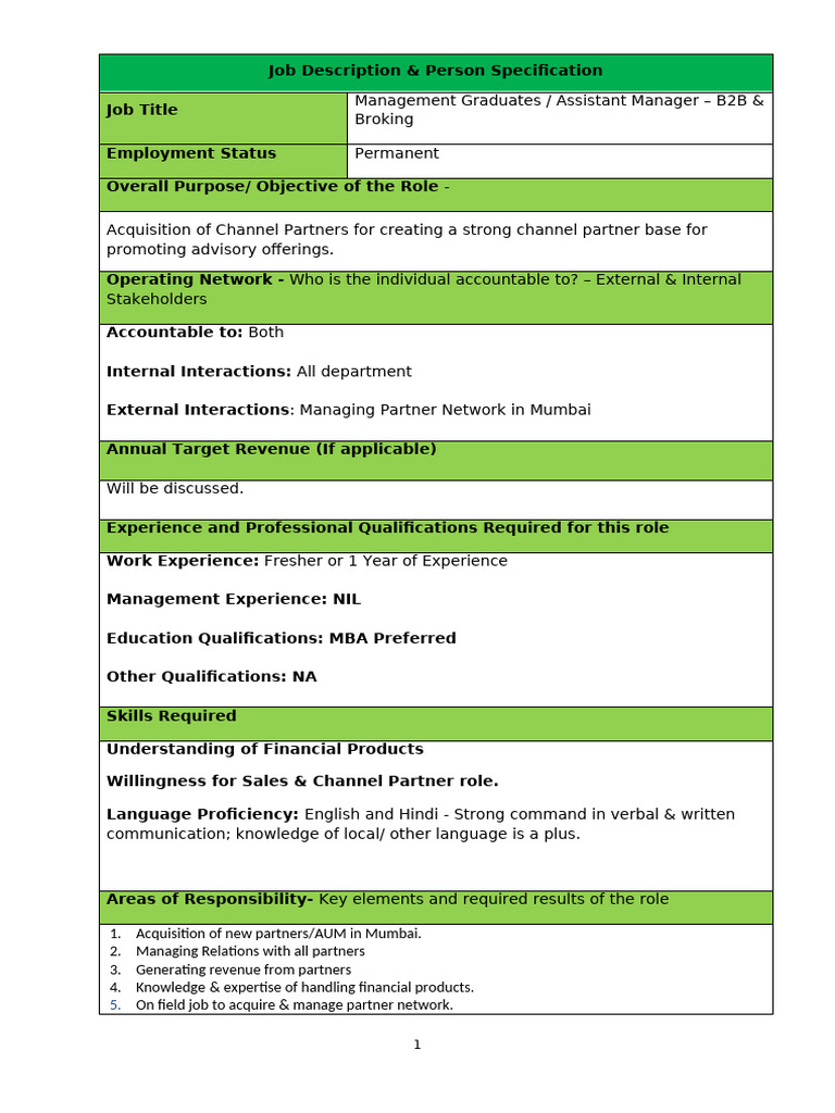 JD - Management Trainee Assistant Manager B2B & Broking | PDF