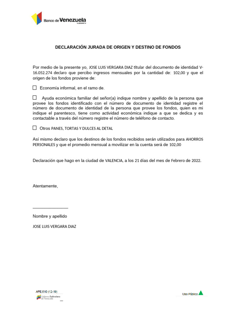 Declaración Jurada de Origen y Destino de Fondos Banco de Venezuela | PDF