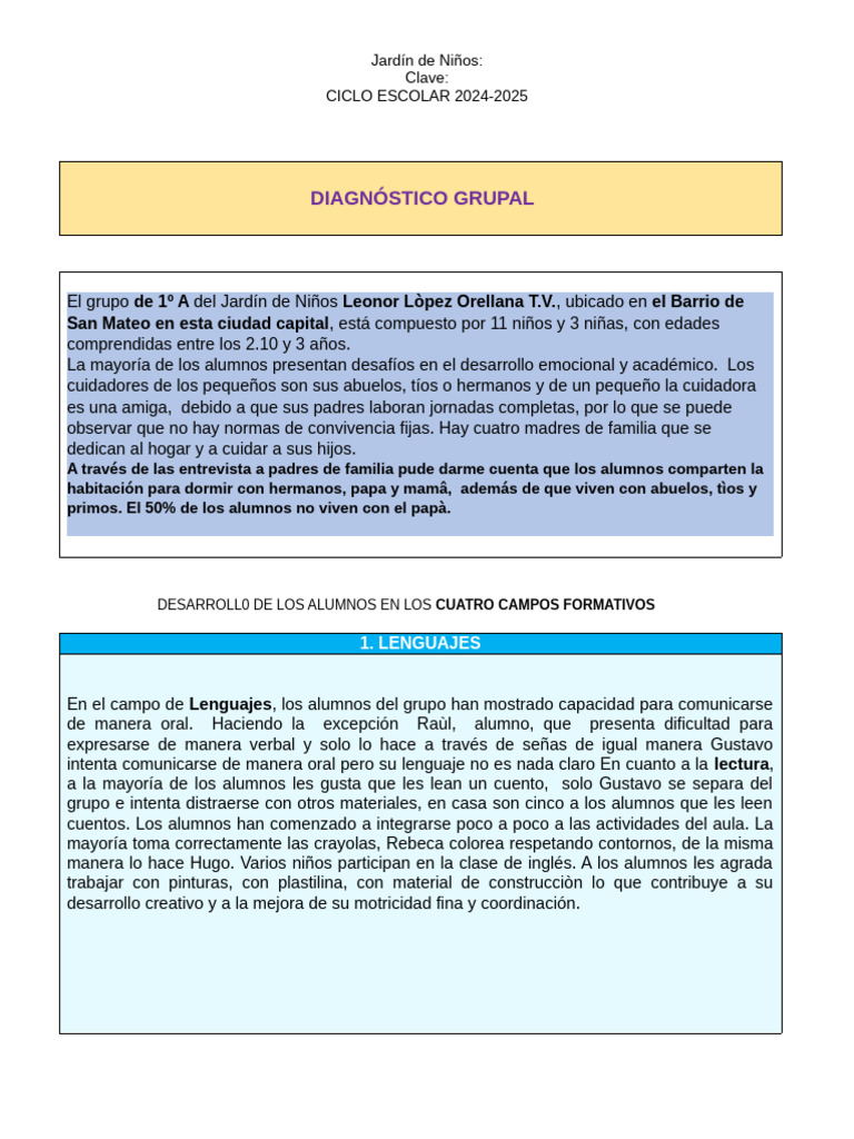 Diagnóstico Grupal Jardín de Niños 2024-2025 | PDF | Educación de la ...