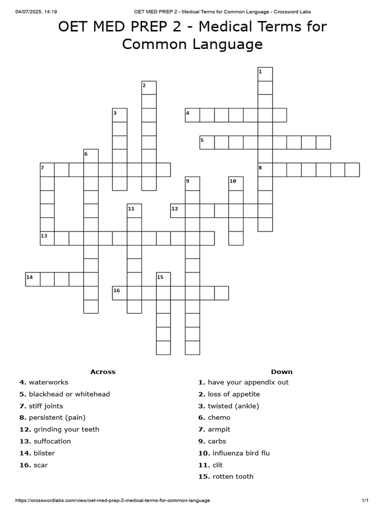 OET MED PREP 2 - Medical Terms For Common Language - Crossword Labs | PDF
