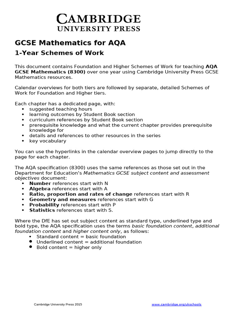 AQA GCSE Maths 1-Year Teaching Plan | PDF | Area | Algebra
