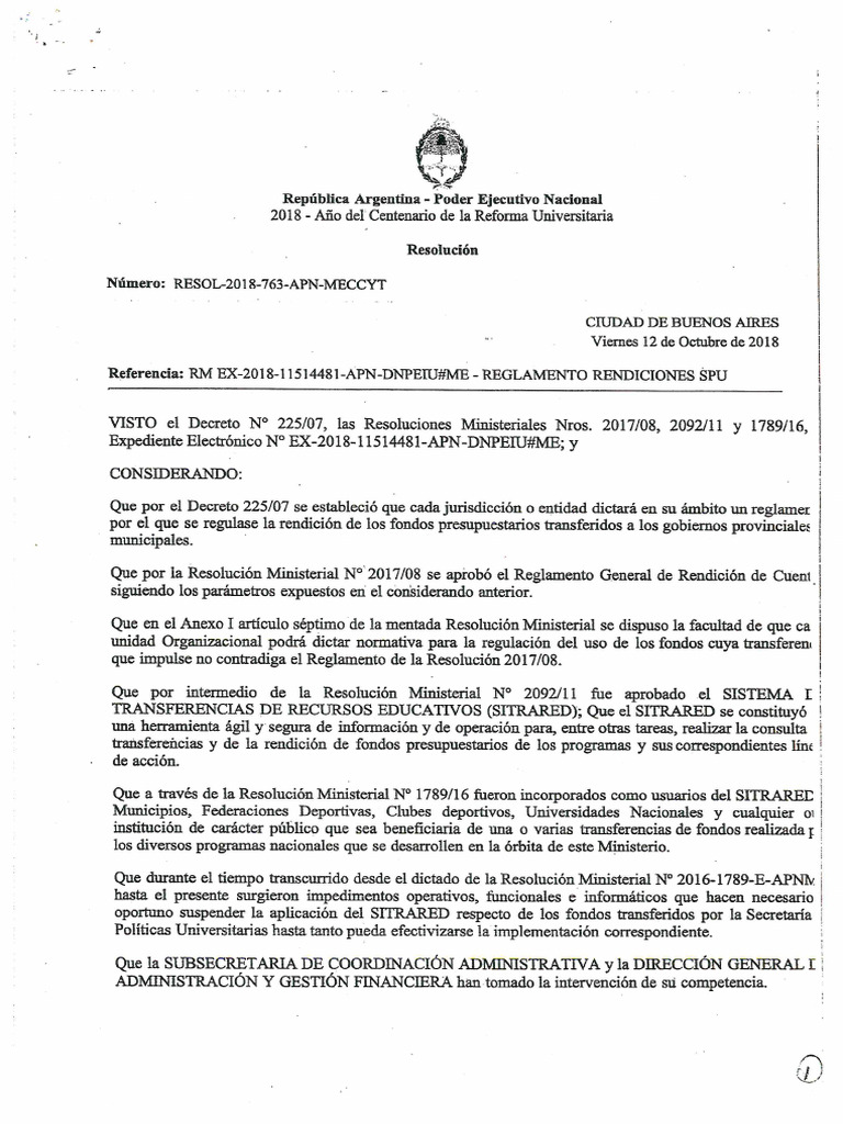 Resol ME 763 18 Reglamento Rendiciones SPU | PDF