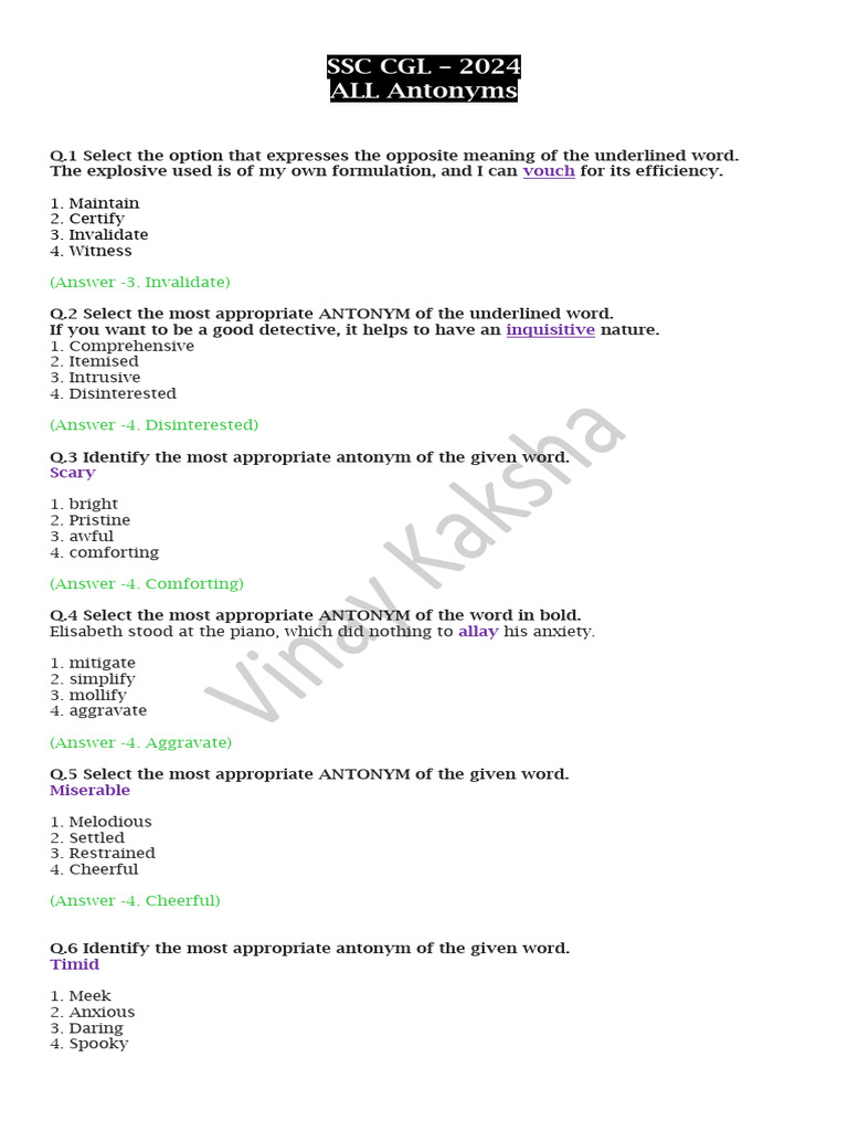 SSC CGL 2024 (All Antonyms) | PDF