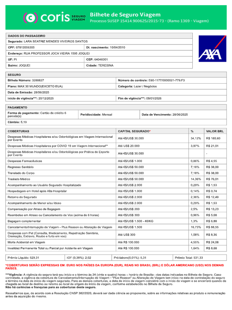 Voucher Coris Seguro Lara Beatriz | PDF