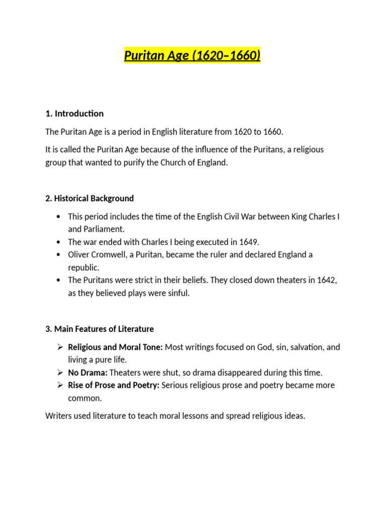 Overview of the Puritan Age (1620-1660) | PDF