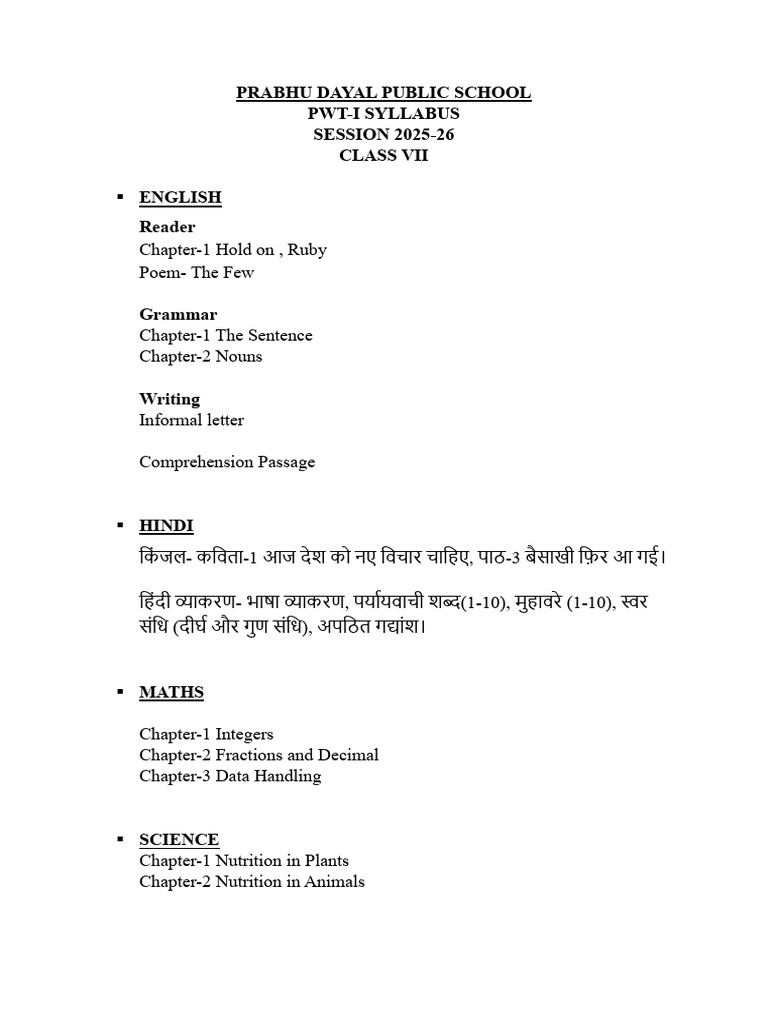 Revised Pwt-I Syllabus Class Vii (2025-26) | PDF