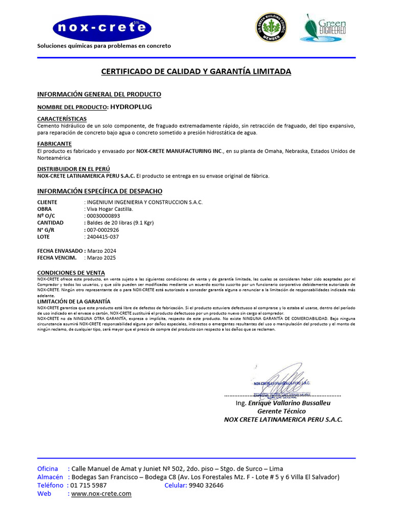 Certif - Calidad - Hydroplug | PDF | Hormigón