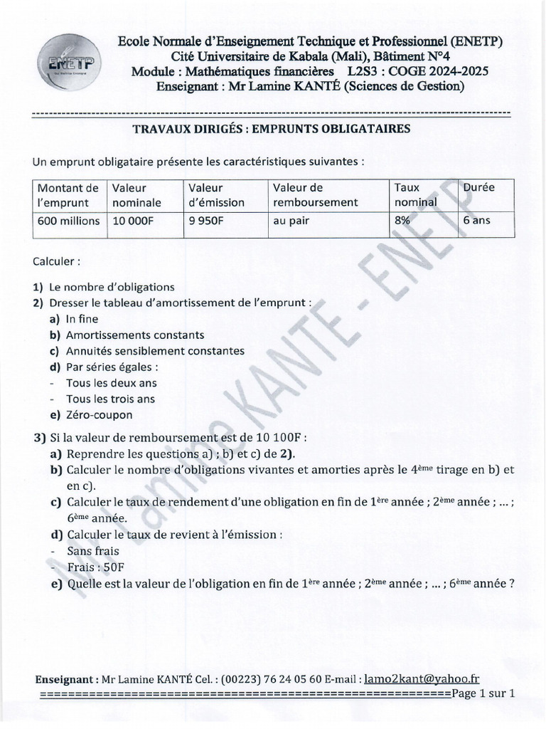 TD Emprunts Obligataires l2s3 Coge Enetp 2024-2025 MR Lamine Kante | PDF