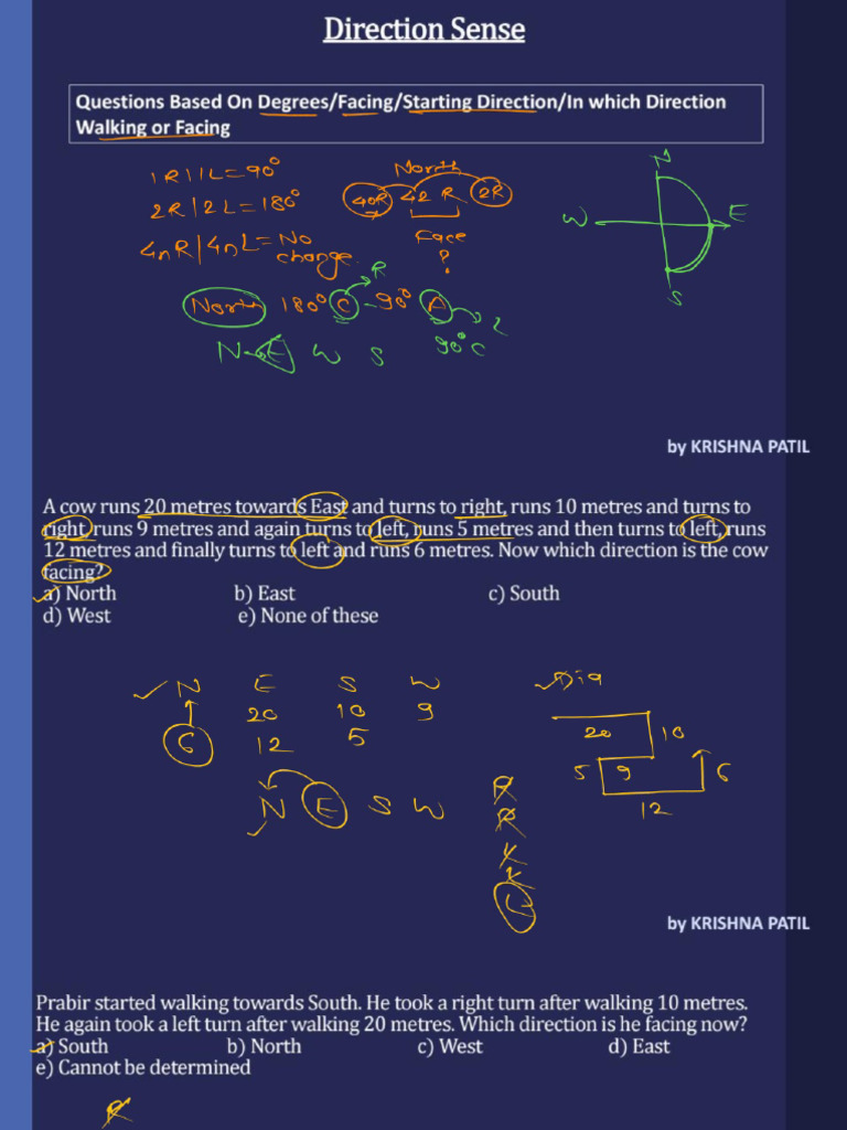 3 Direction Sense Questions Based On Degreesfacingstarting Direc | PDF