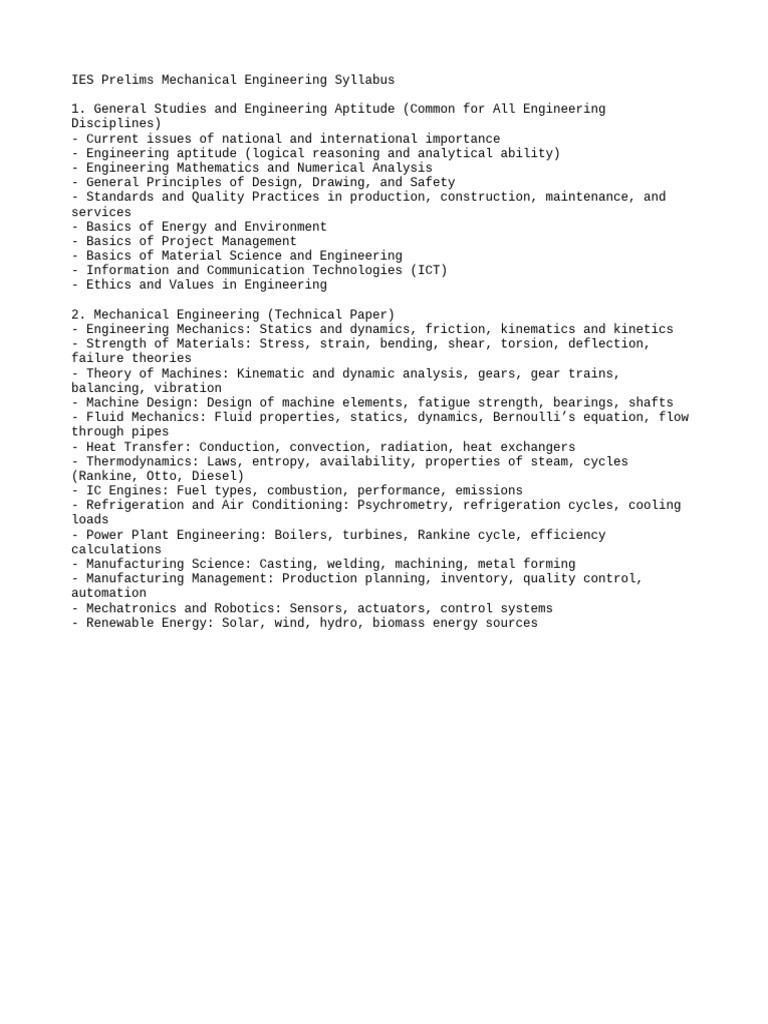 IES Prelims Mechanical Syllabus | PDF