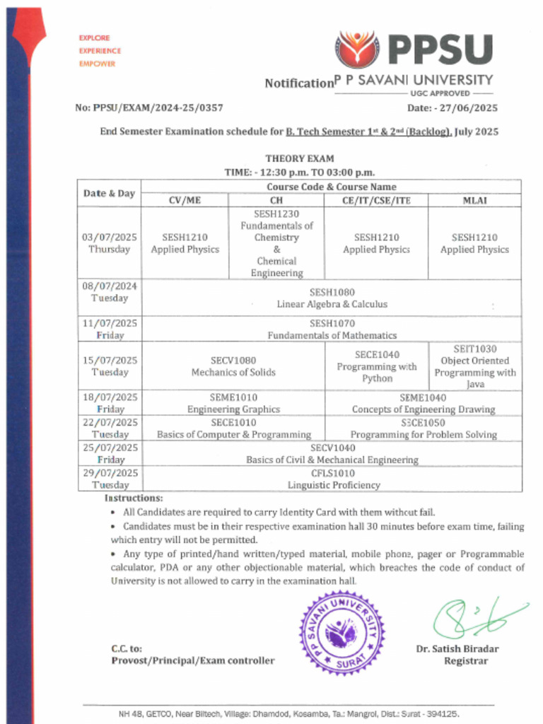 Soe - Backlog Exam Schedule | PDF