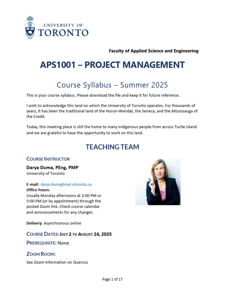 APS1001 Project Management Syllabus Summer2 2025 | PDF | Project ...