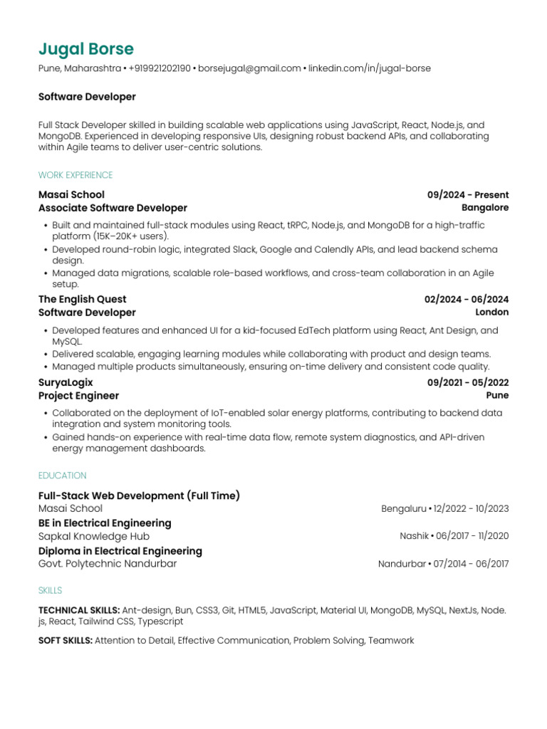 Jugal Borse Resume Software Engineer | PDF | Computing | Software Engineering