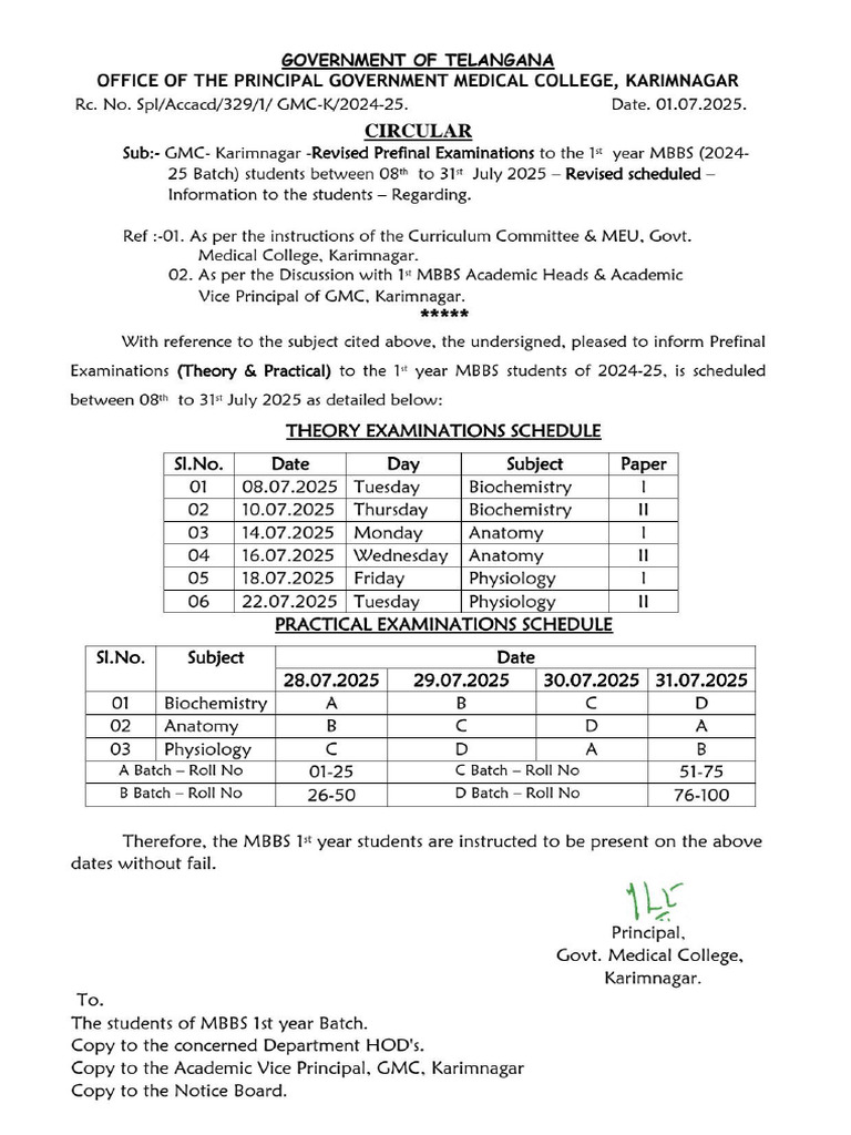 Revised Prefinal Schedule I MBBS (2024-25) | PDF