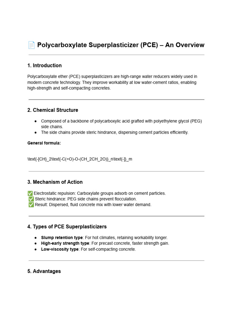 ? Polycarboxylate Superplasticizer (PCE) - An Overview | PDF