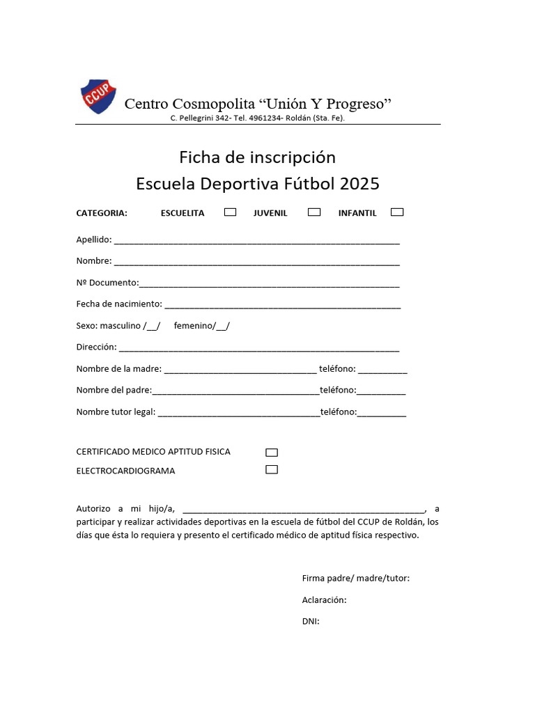 Ficha de Inscripción Escuela de Futbol 2025 | PDF
