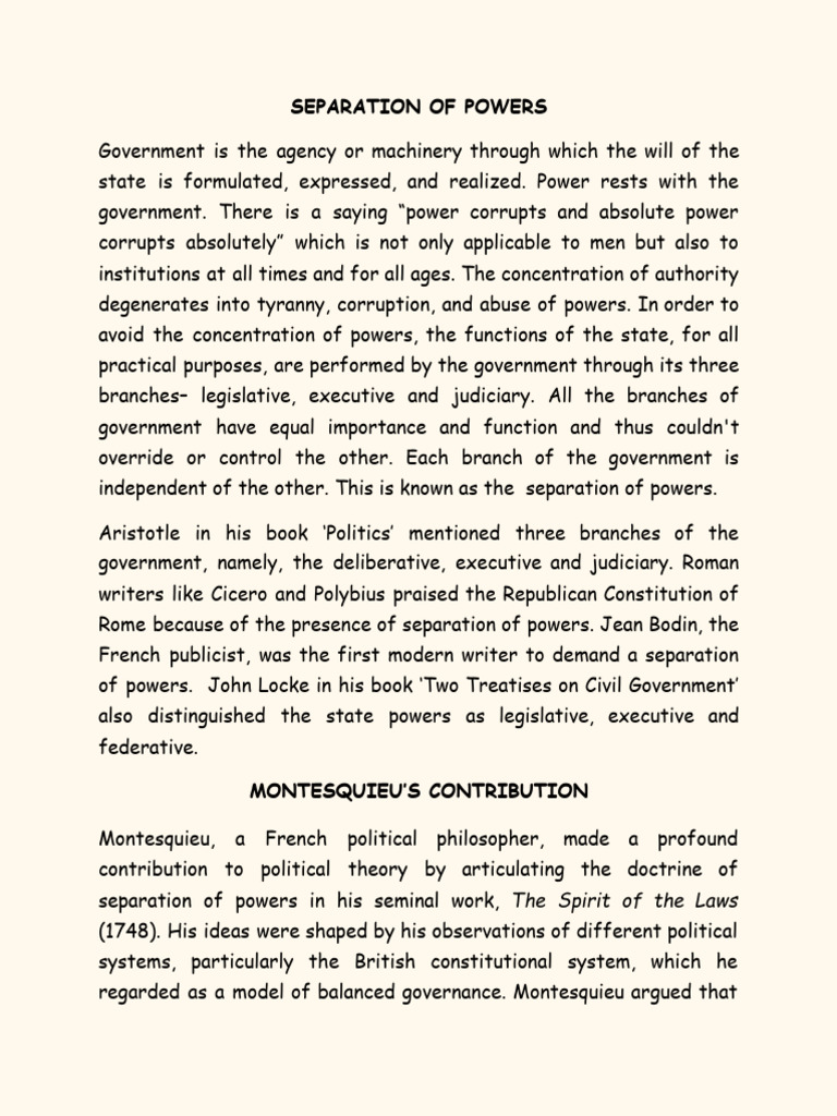 Montesquieu's Separation of Powers Theory | PDF | Separation Of Powers ...
