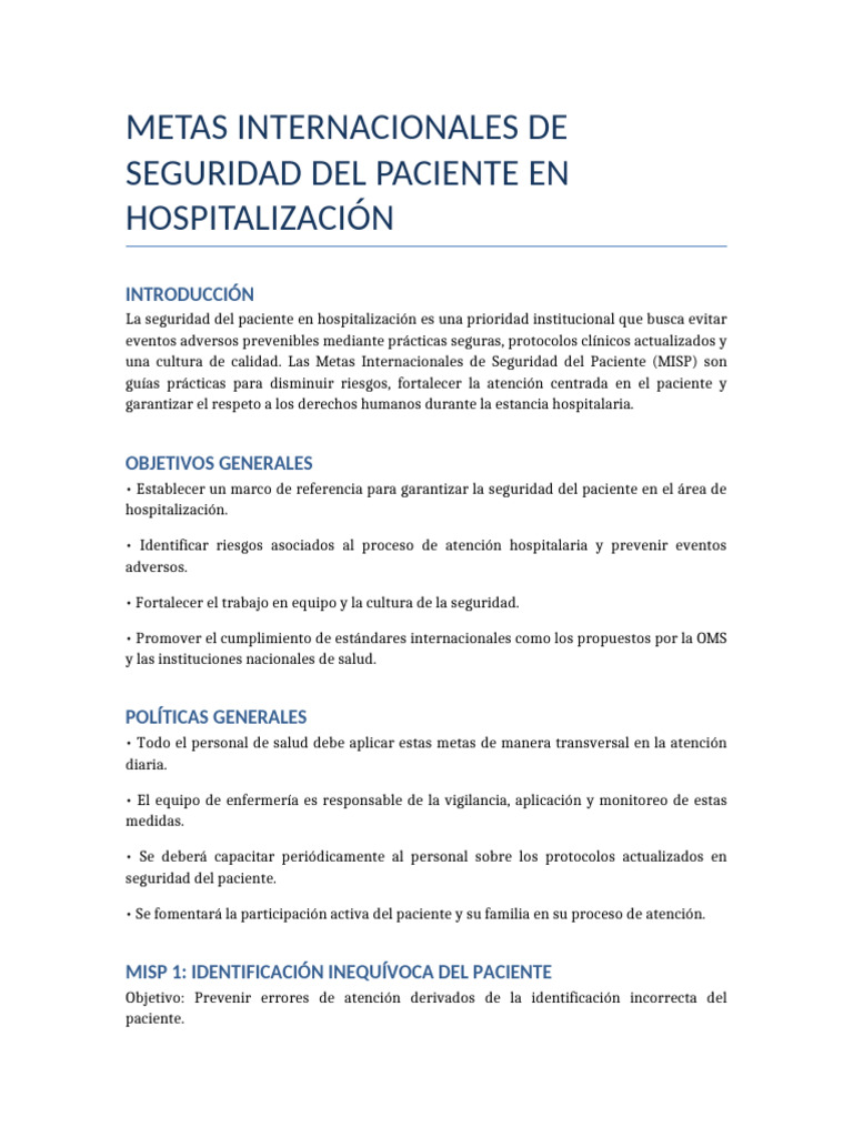 MISP Hospitalización Extendido | PDF | Seguridad del paciente | Hospital
