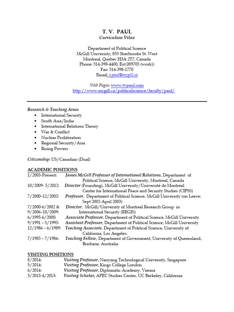 T.V. Paul CV | PDF | Nuclear Proliferation | Treaty On The Non Proliferation Of Nuclear Weapons