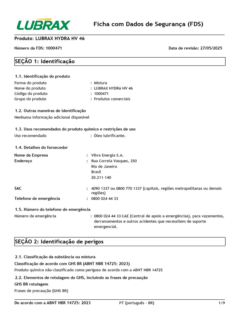 Ficha de Segurança LUBRAX HYDRA HV 46 | PDF | Química