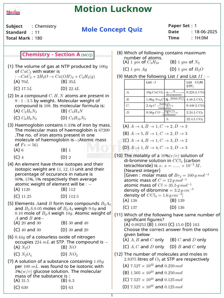 Mole Concept Quiz 1750321653 | PDF | Mole (Unit) | Quantity