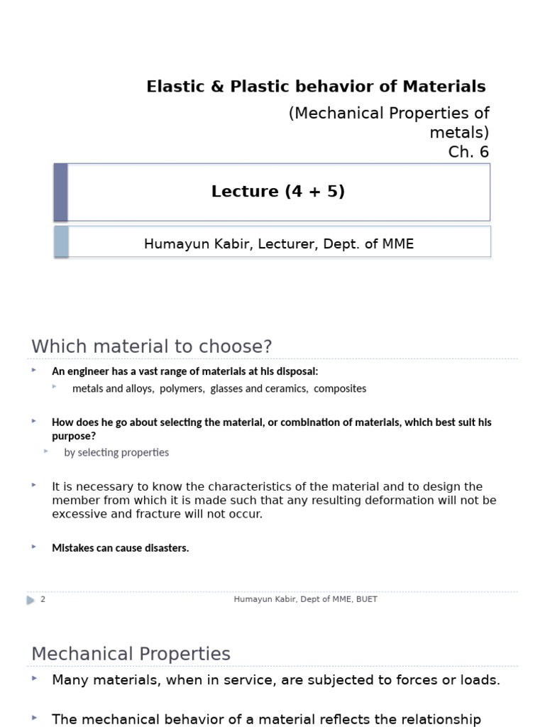 Lec 4+5+6 Mechanical Properties of Metals | PDF | Deformation (Engineering) | Elasticity (Physics)