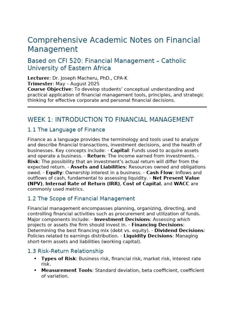 Financial Management Notes - CUEA | PDF | Net Present Value | Internal ...
