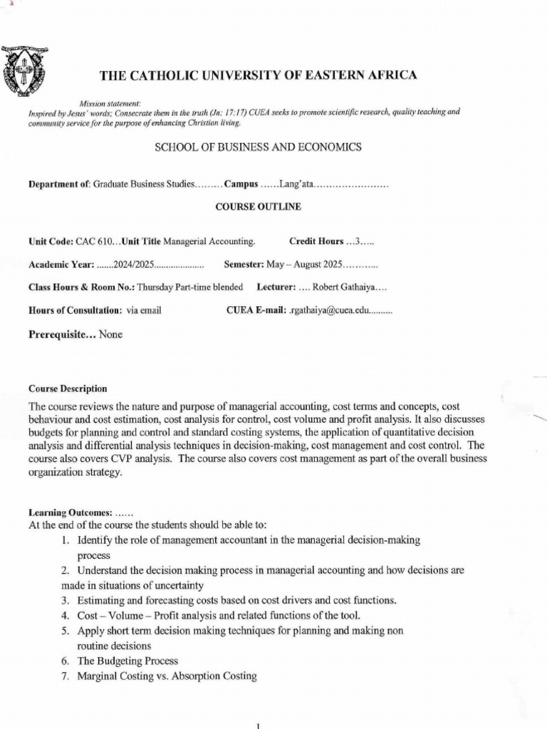 Course Outlines-CAC 610 Managerial Accounting - Part Time | PDF