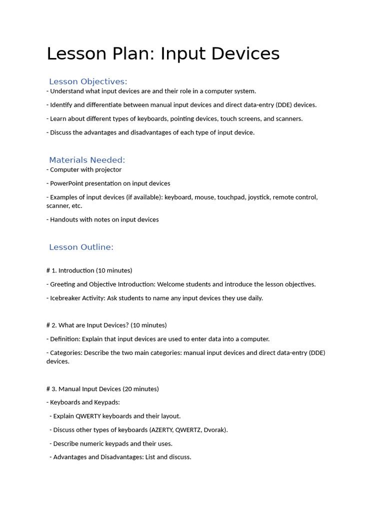 Lesson Plan Input Devices | PDF | Computer Keyboard | Human–Machine ...