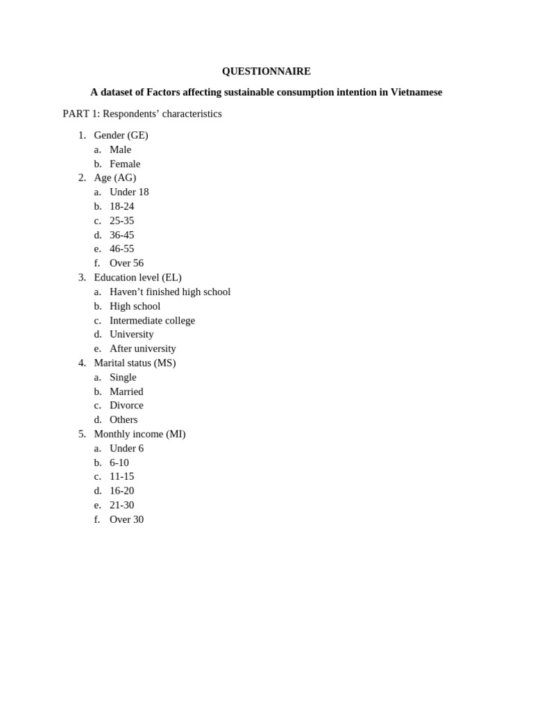 QUESTIONNAIRE - Sustainable Consumption Intention in Vietnam | PDF ...