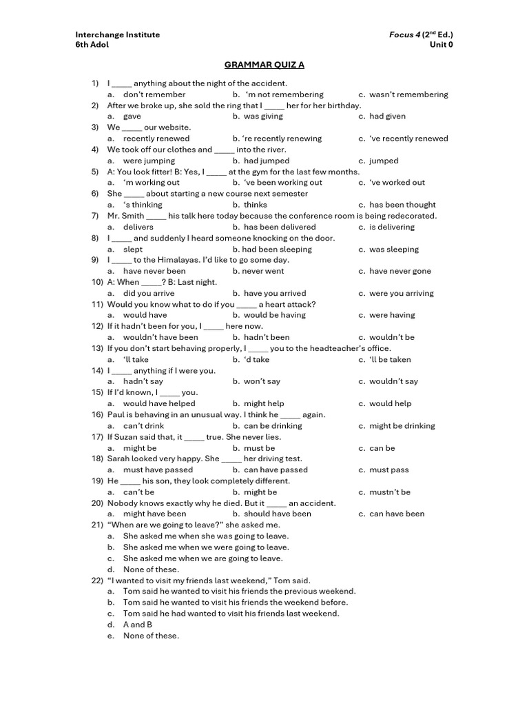 Grammar Quiz A (Unit 0) | PDF