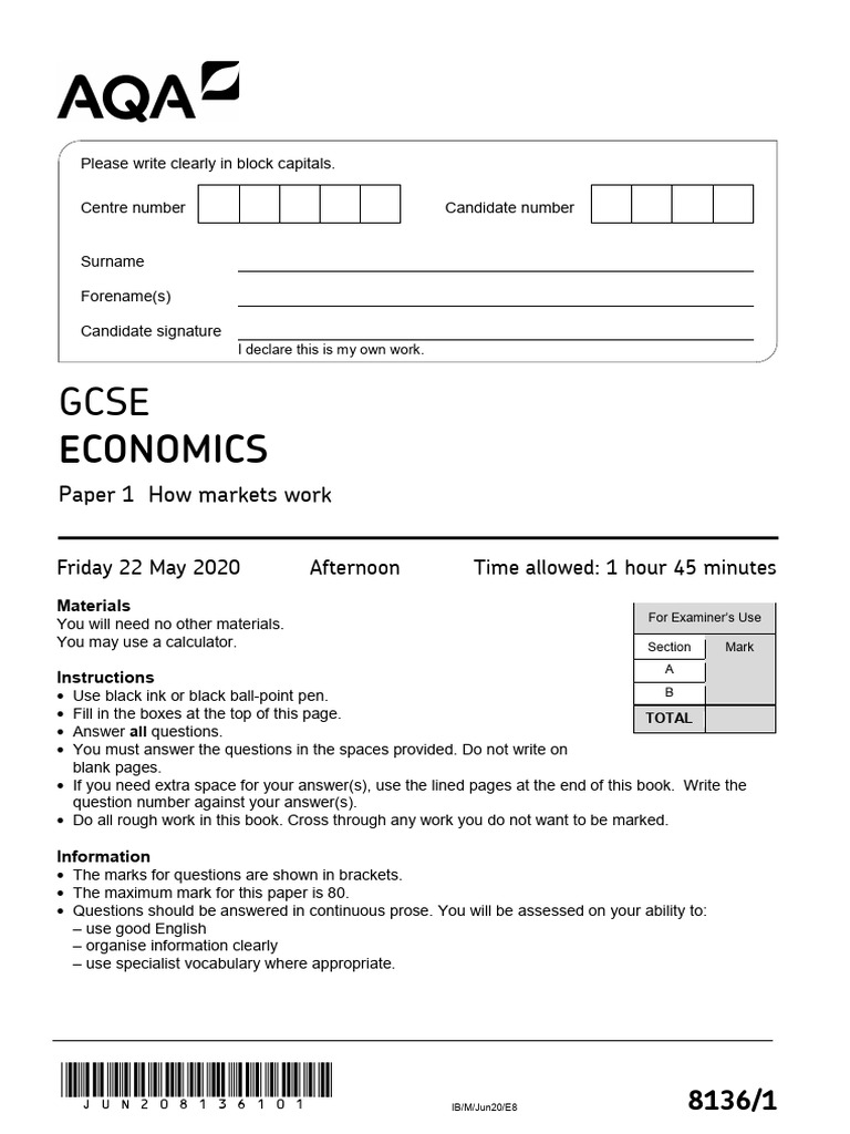June 2020 QP - Paper 1 AQA Economics GCSE | PDF | Retail | Supply ...