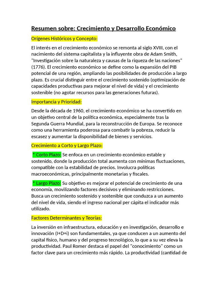 Resumen Sobre Crecimiento y Desarrollo Economico . | PDF | Crecimiento económico | Economias