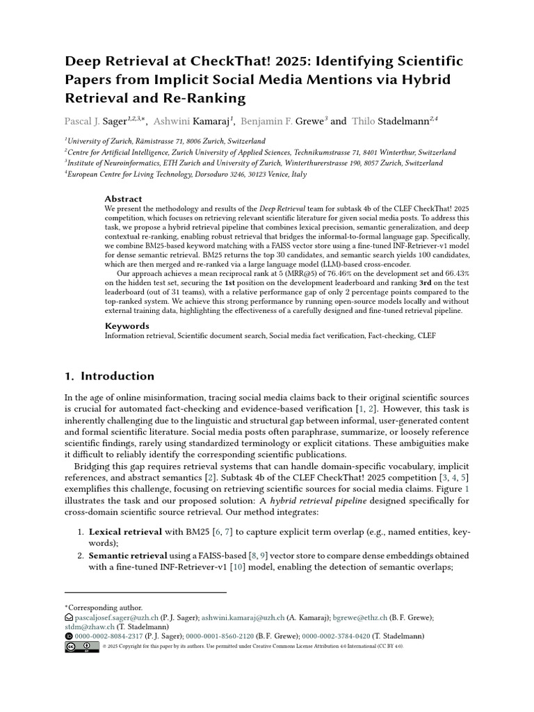 Deep Retrieval at CheckThat! 2025: Identifying Scientific Papers From Implicit Social Media ...