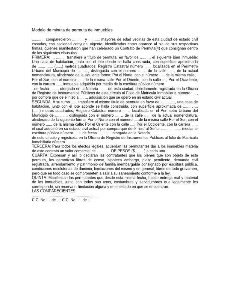 Minuta de permuta de inmuebles detallada | PDF | Derecho Civil (Common Law)
